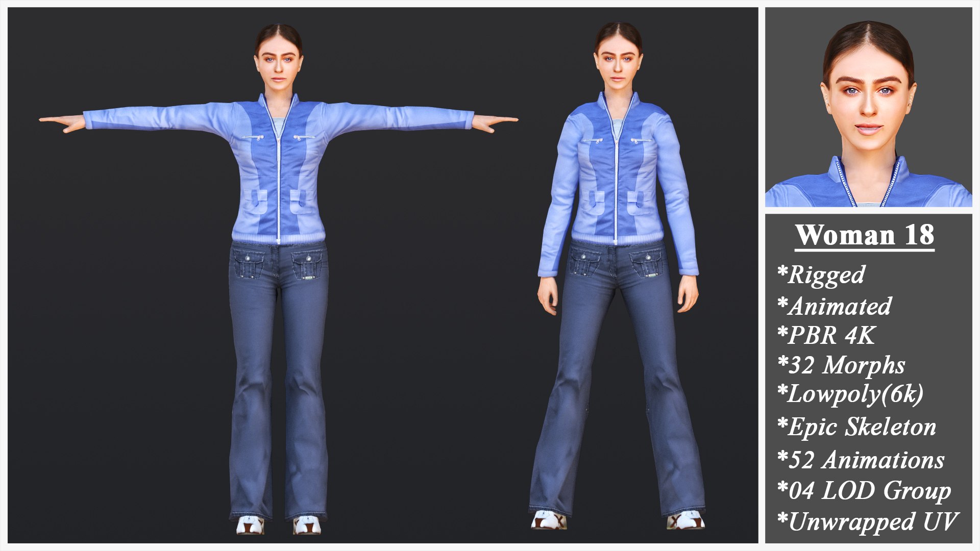 Woman 18 With 52 Animations 32 Morphs 3D 모델 - TurboSquid 2082027