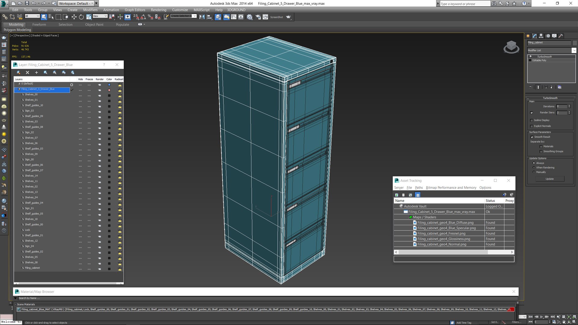 Filing Cabinet 5 Drawer Blue 3D Model - TurboSquid 2223975