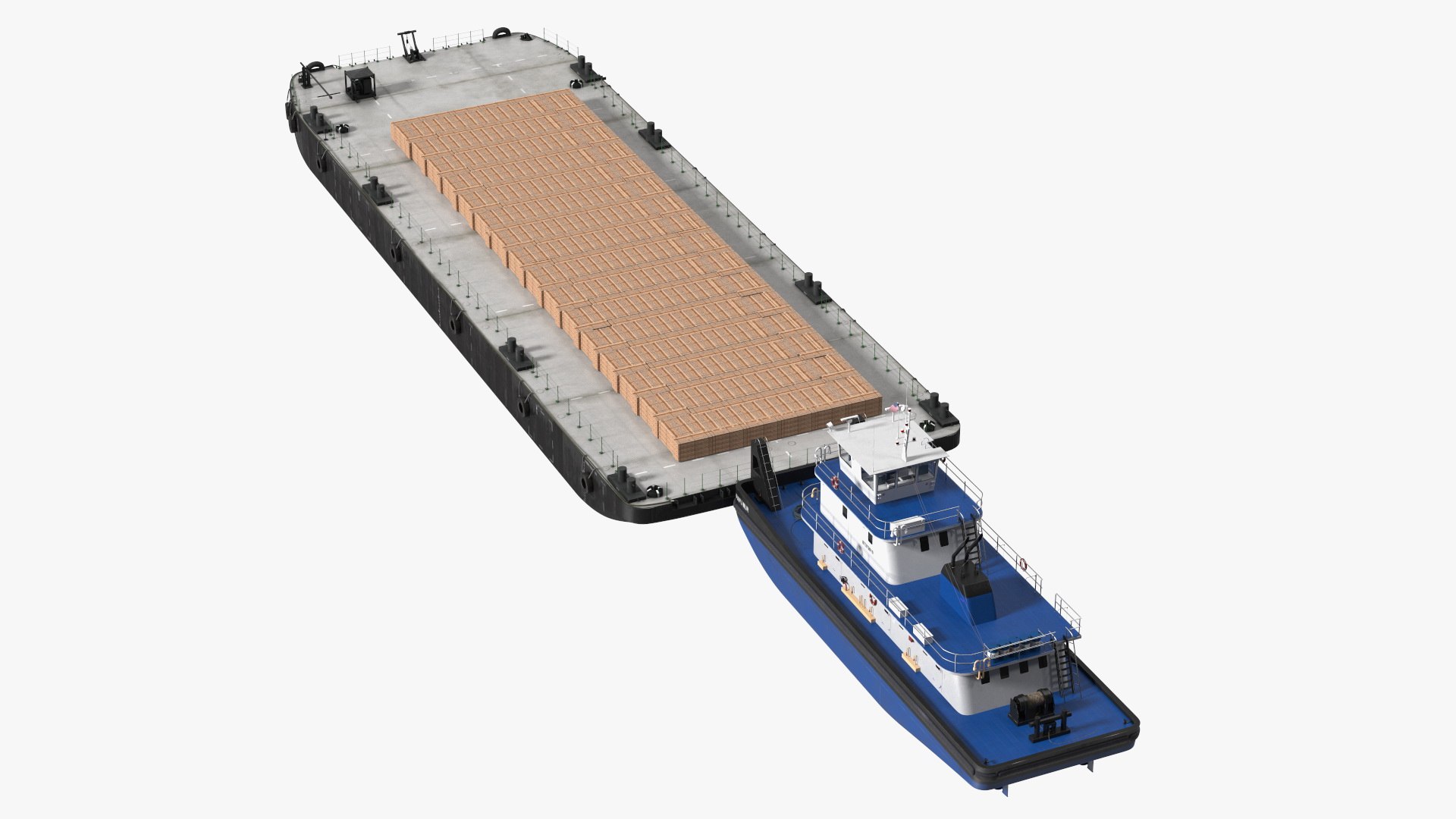 Push Boat Ship with Pontoon Barge Loaded Wood Planks 3D model ...