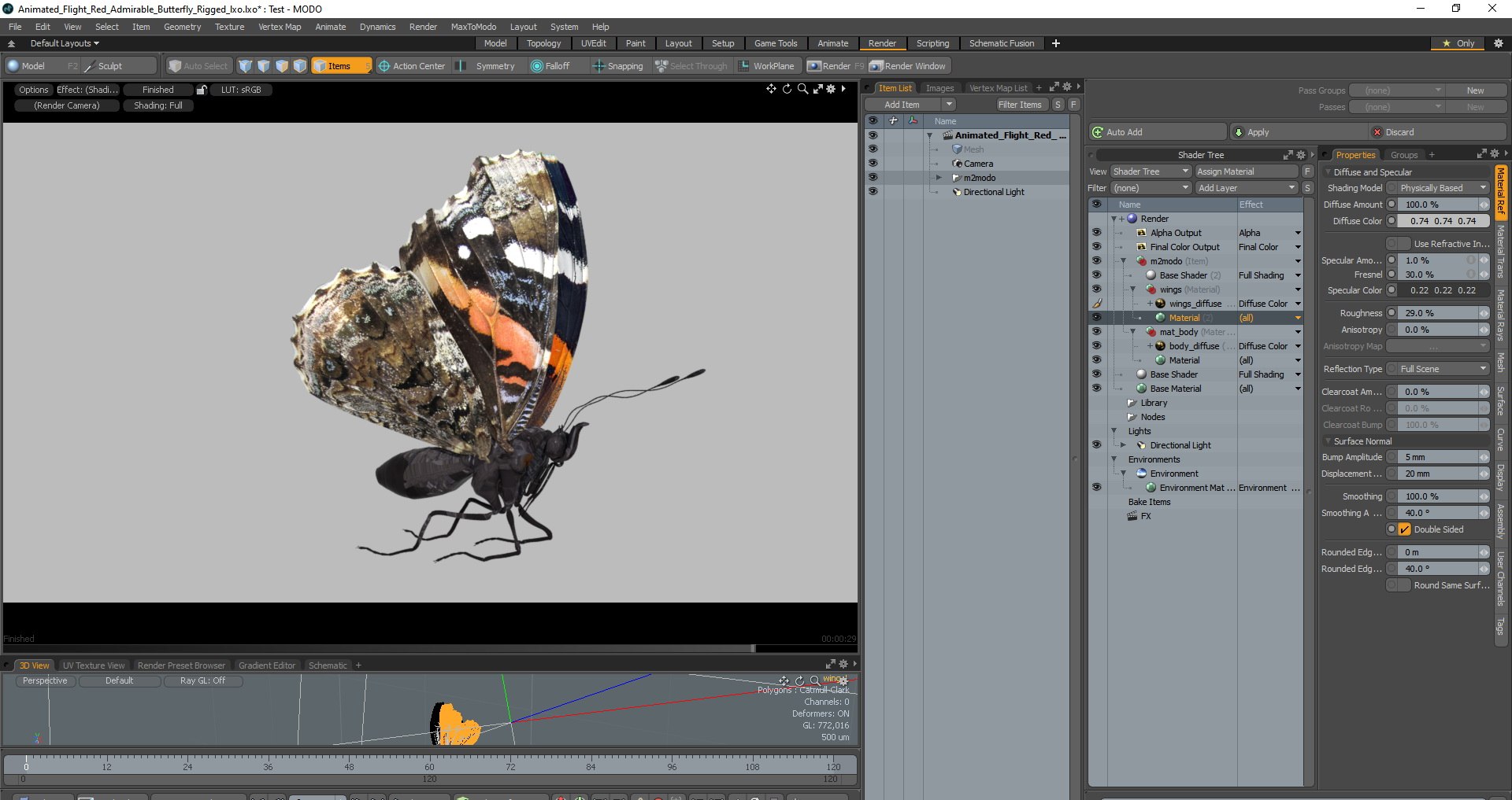 3D model Animated Flight Red Admirable Butterfly Rigged for Modo ...