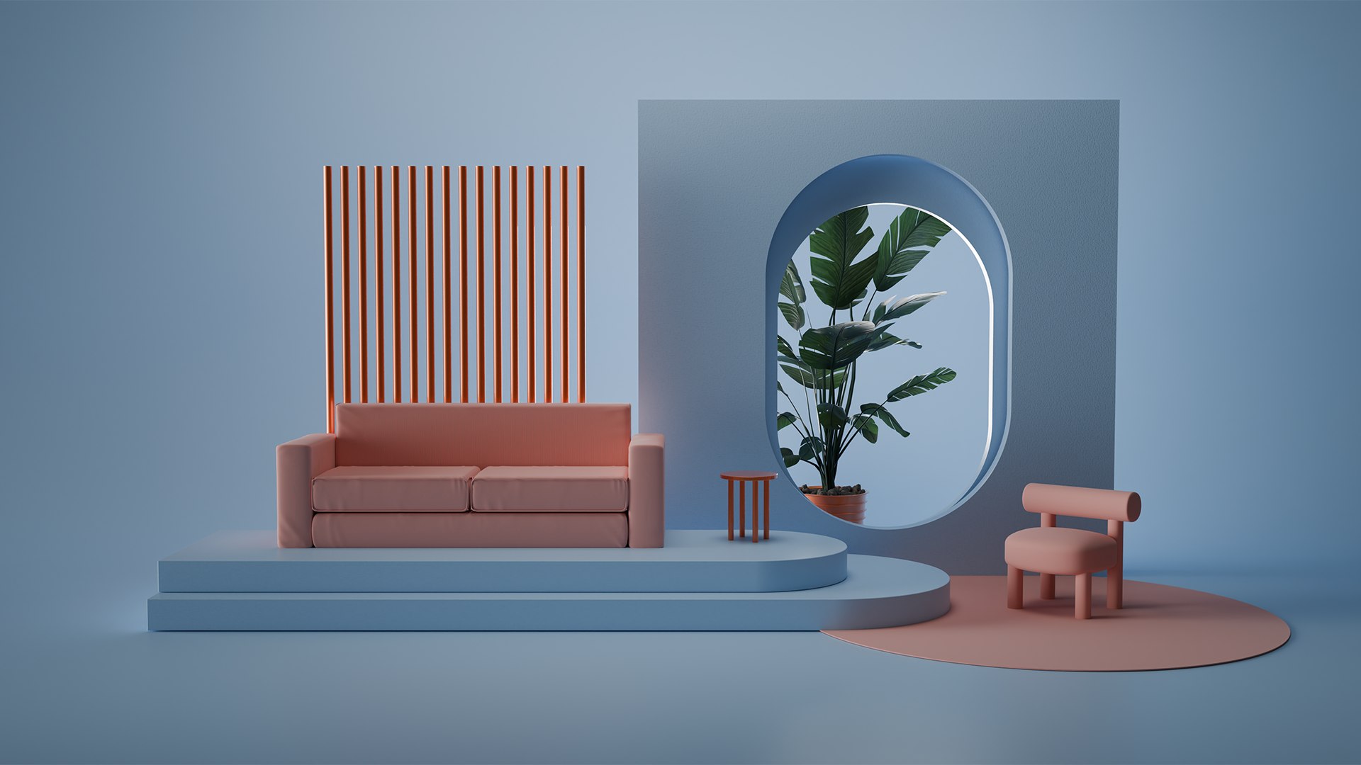 Blue Interior With Geometric Pink Form 3D Model - TurboSquid 2289079