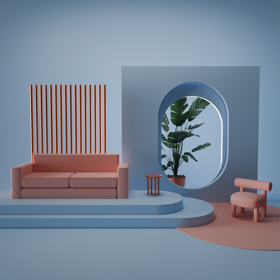 Blue Interior With Geometric Pink Form 3D Model - TurboSquid 2289079