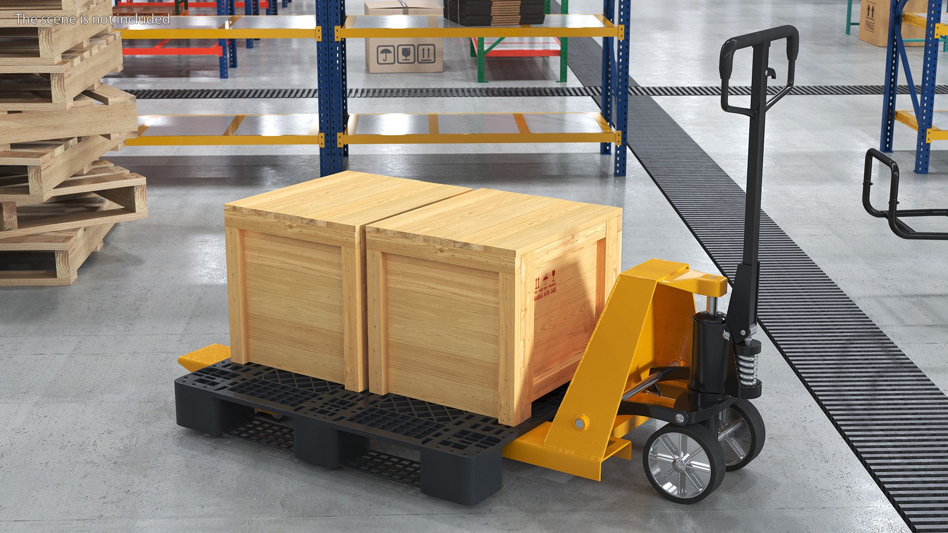 Industrial Pallet Jack Yellow with Wooden Crates model - TurboSquid 2142614