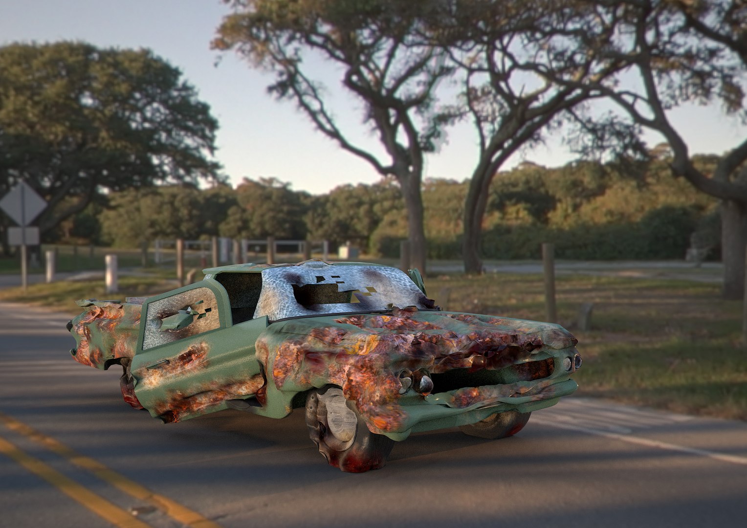 3D Green Classic Smashed Car Model - TurboSquid 1491610