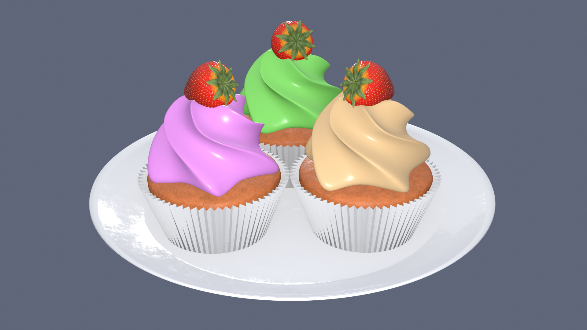 Strawberry Cream Cupcakes on plate 3D - TurboSquid 2064034