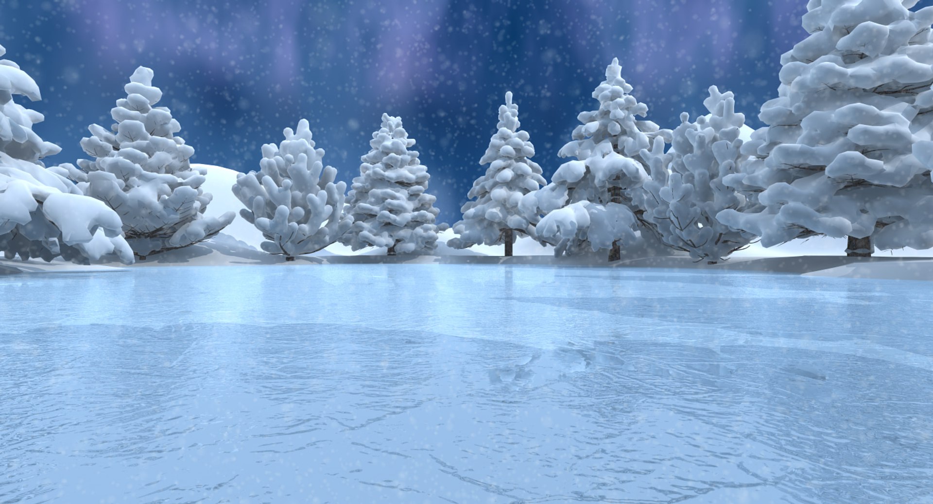 3d Model Winter Scene Lake Conifer Trees