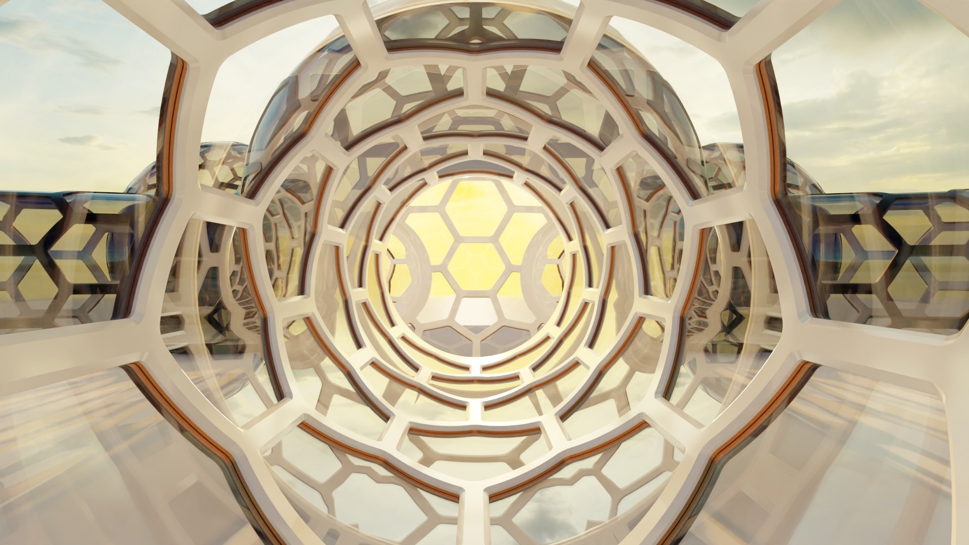 3D 6 Walkway Connected Glass Hexagon Sci Fi Spherical Domes Model ...