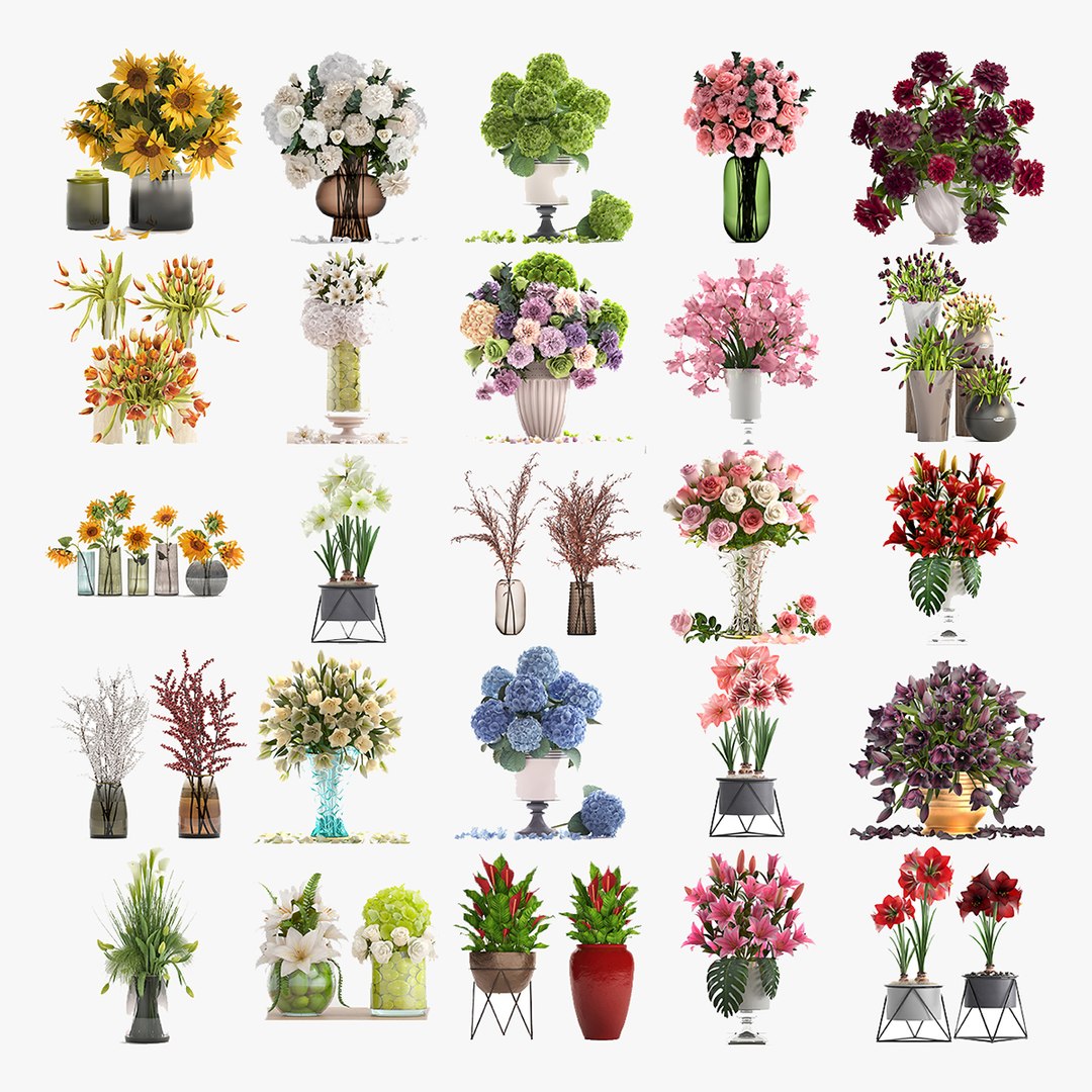 Collection Of Decorative Bouquets Of Flowers In Vases 39 Pieces 3D ...