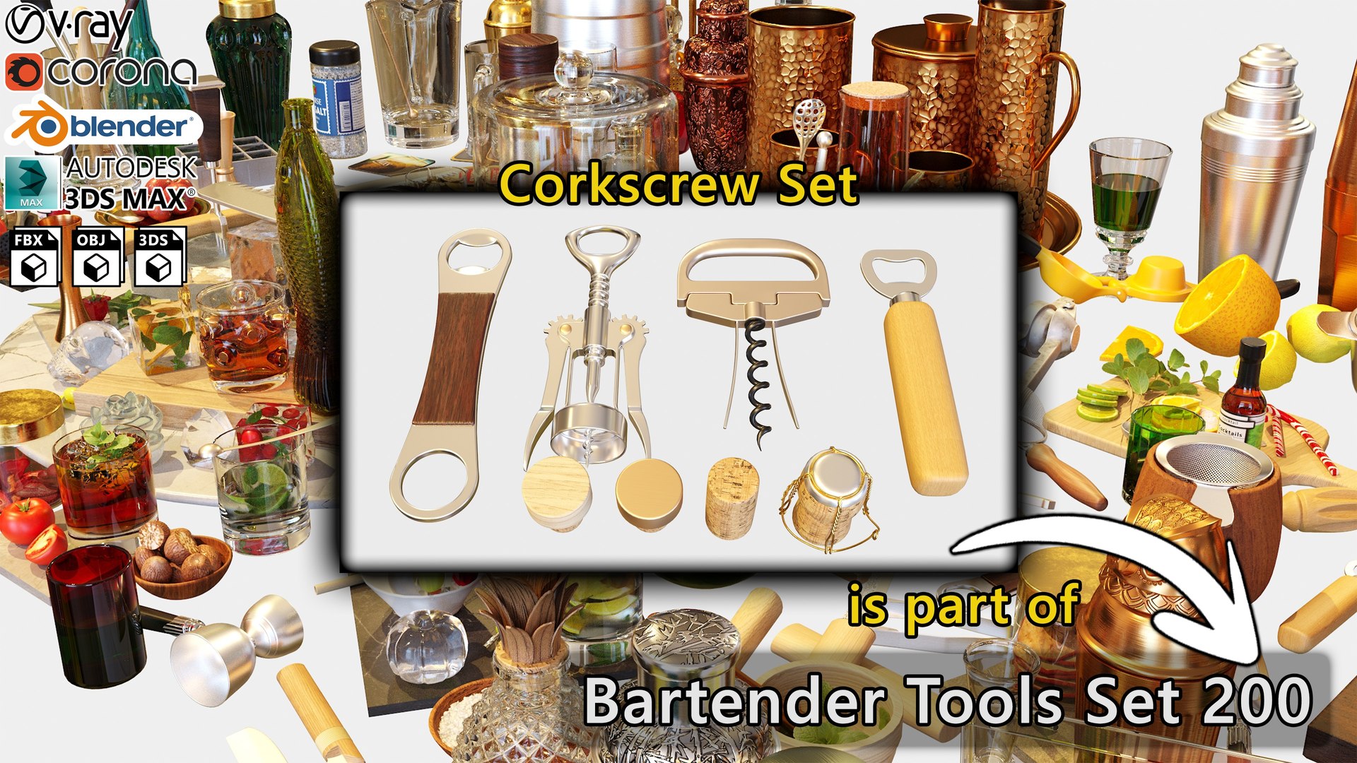 3D Bartender Tools Set 200 Corkscrew - TurboSquid 2244329