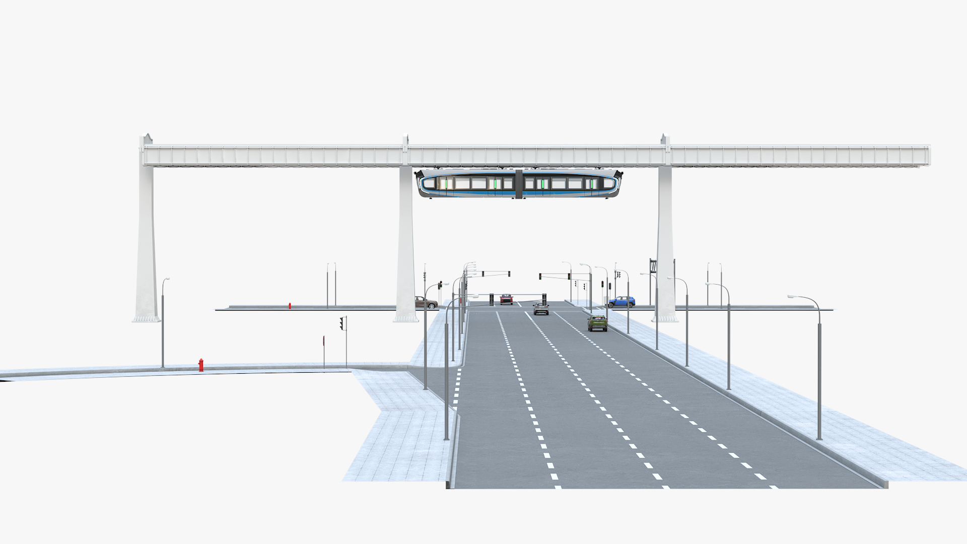 3D Suspended Monorail And Intersection With Multiple Cars - TurboSquid ...