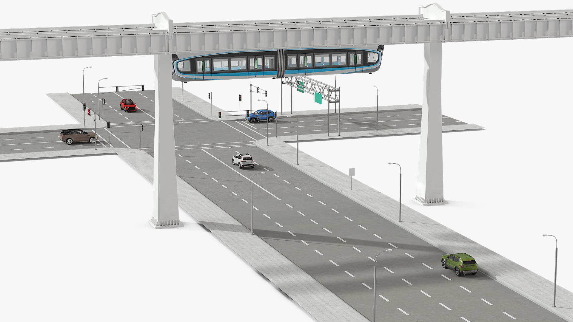 3D Suspended Monorail And Intersection With Multiple Cars - TurboSquid ...