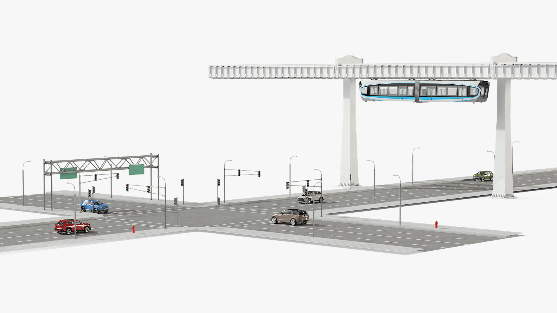 3D Suspended Monorail And Intersection With Multiple Cars - TurboSquid ...