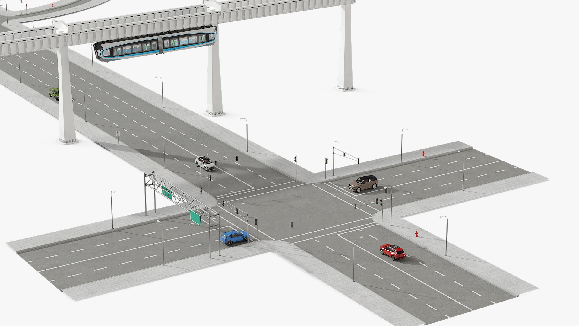 3D Suspended Monorail And Intersection With Multiple Cars - TurboSquid ...
