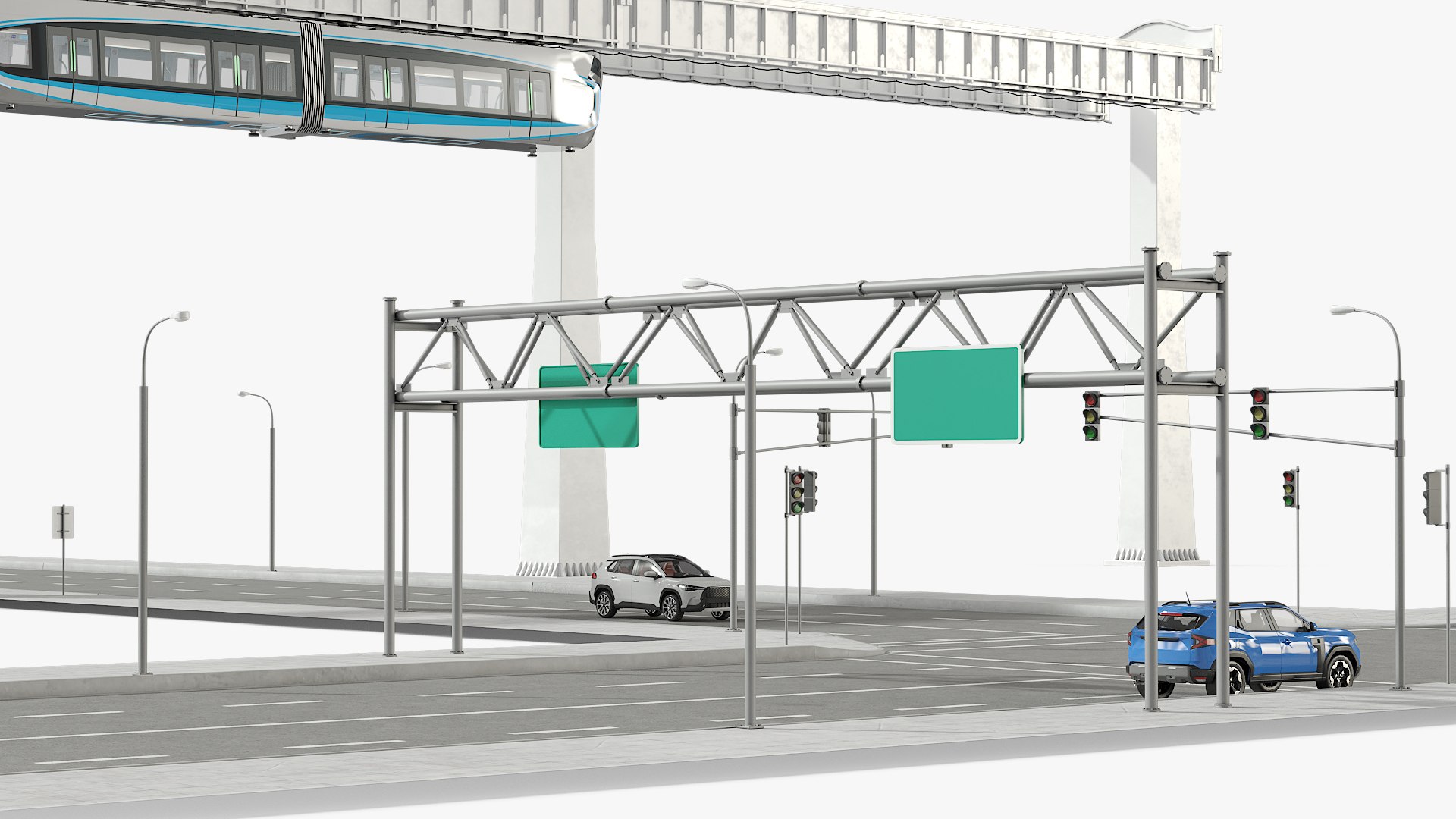 3D Suspended Monorail And Intersection With Multiple Cars - TurboSquid ...
