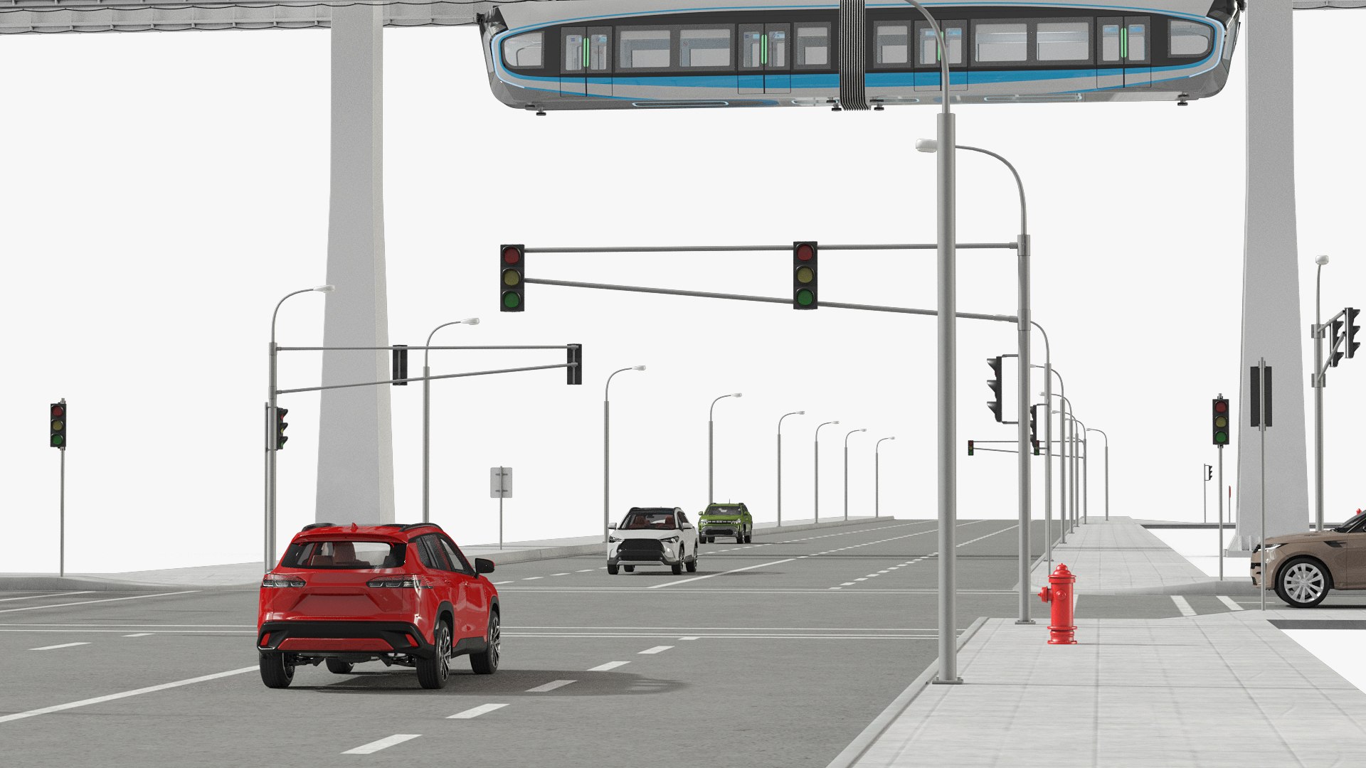 3D Suspended Monorail And Intersection With Multiple Cars - TurboSquid ...