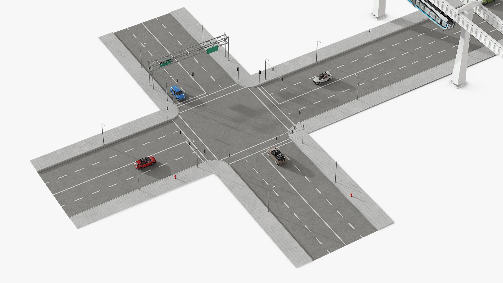 3D Suspended Monorail And Intersection With Multiple Cars - TurboSquid ...