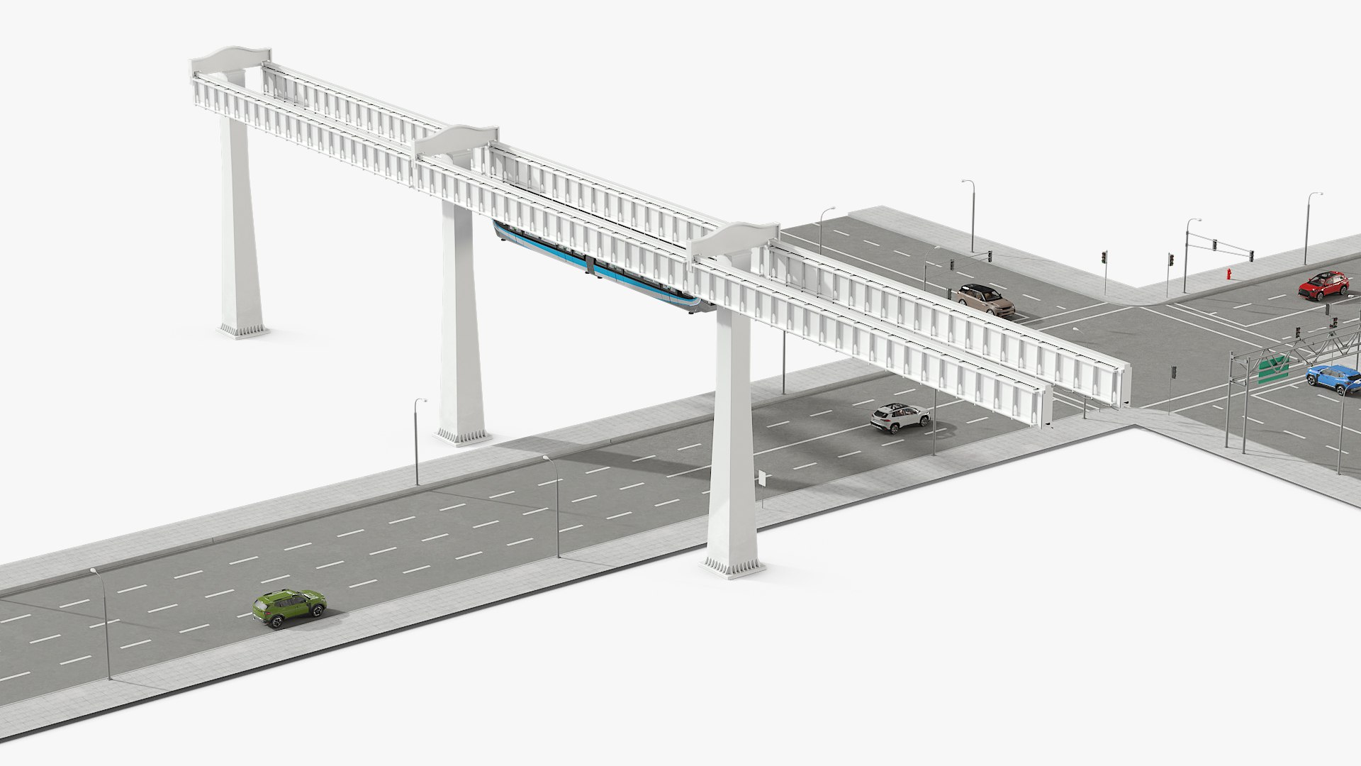 3D Suspended Monorail And Intersection With Multiple Cars - TurboSquid ...