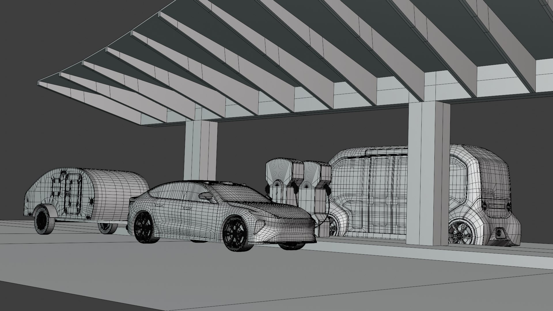 Charging Station With Cars And Minibus Model - TurboSquid 2183637