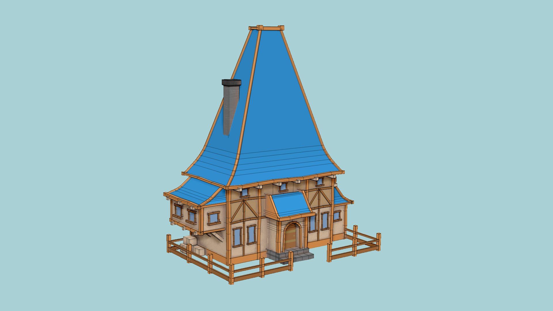 3D Medieval Building A01 Cartoon Blue - Scenery Backdrop House ...