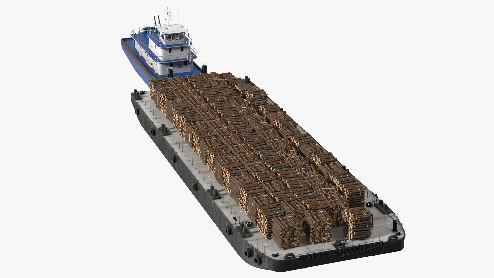 Push Boat Ship with Pontoon Barge Loaded Wood Logs 3D - TurboSquid 1852932