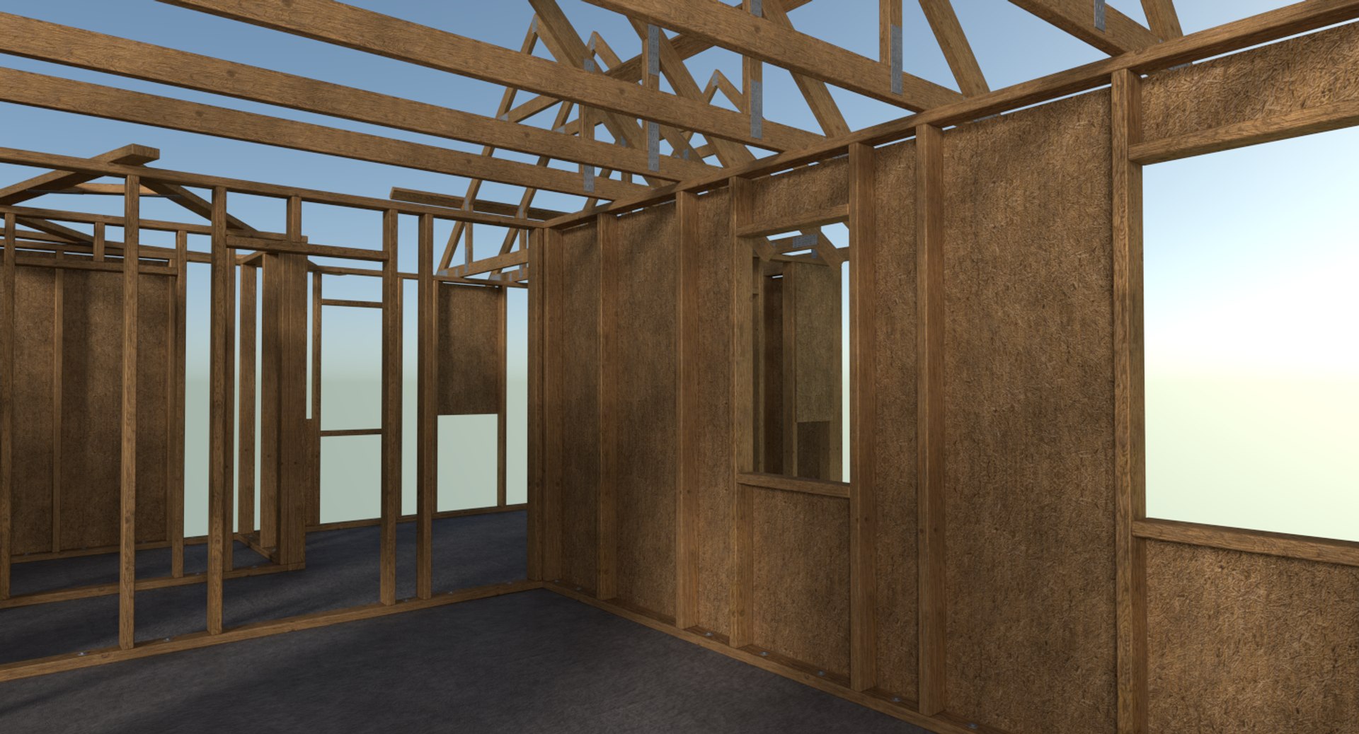 timber frame building construction 3d model