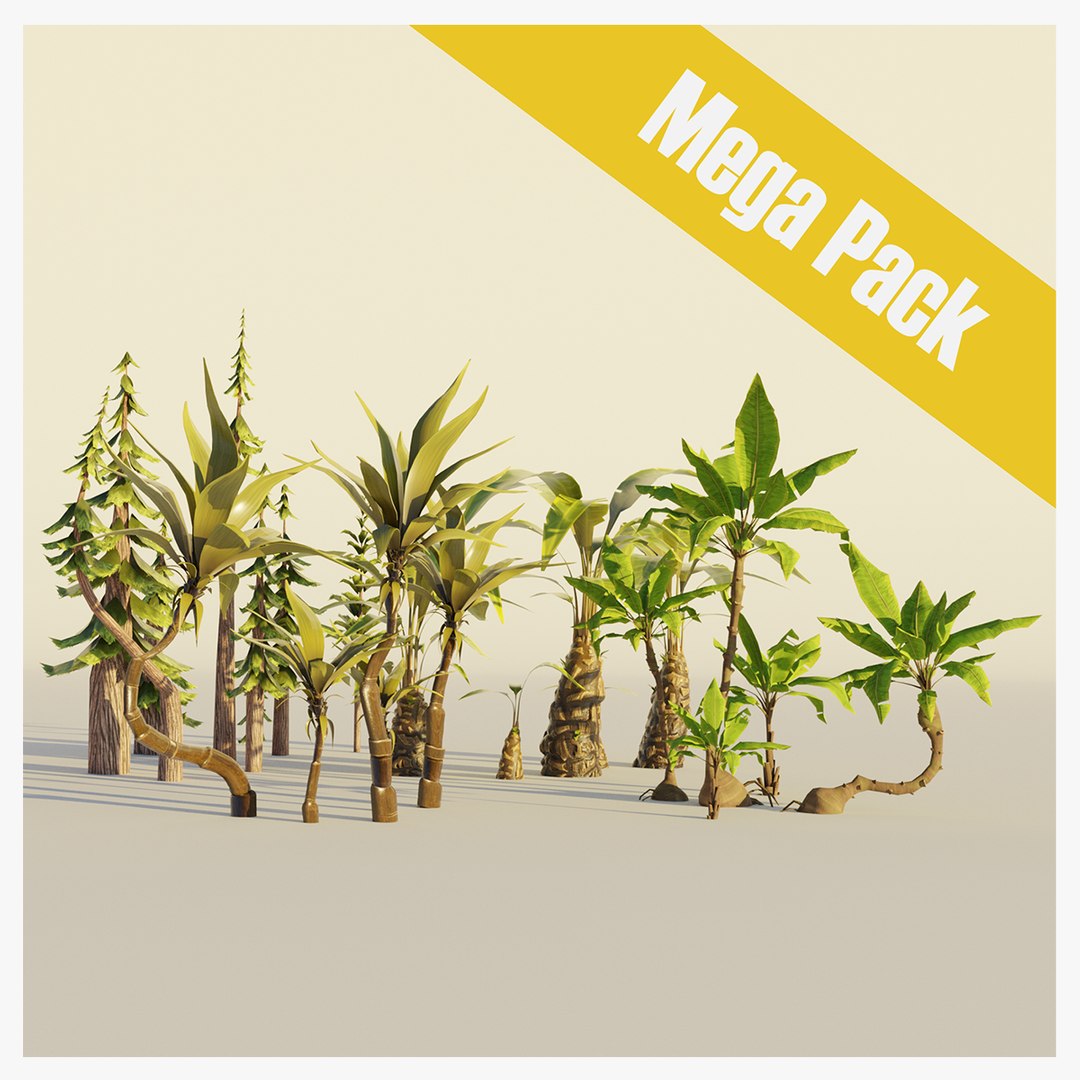 Palm Tree Mega Pack Cartoon Stylized Hand Painted Low-poly 3D Model 3D ...