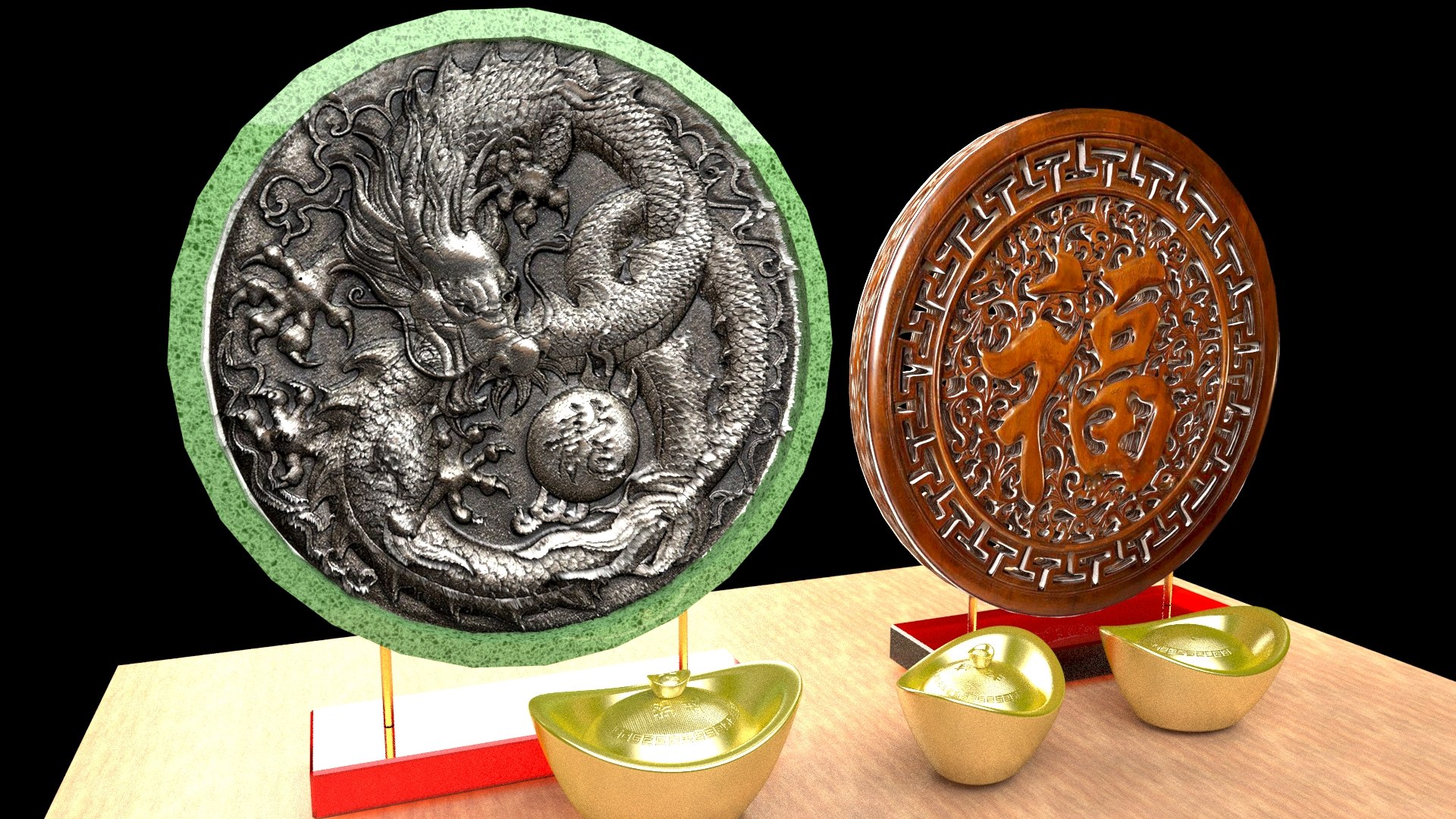 3D Chinese Gold Ingot With Dragon Fu Symbol - TurboSquid 2206130