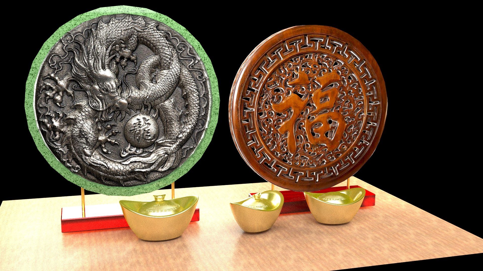 3D Chinese Gold Ingot With Dragon Fu Symbol - TurboSquid 2206130