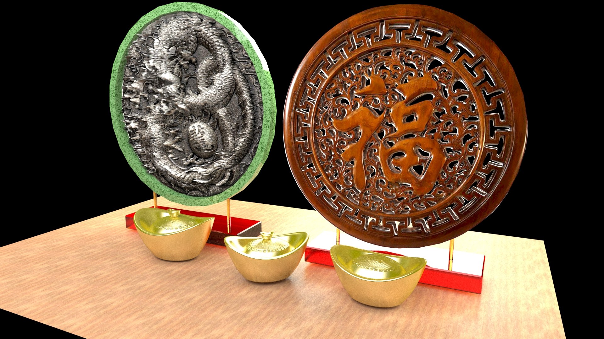 3D Chinese Gold Ingot With Dragon Fu Symbol - TurboSquid 2206130