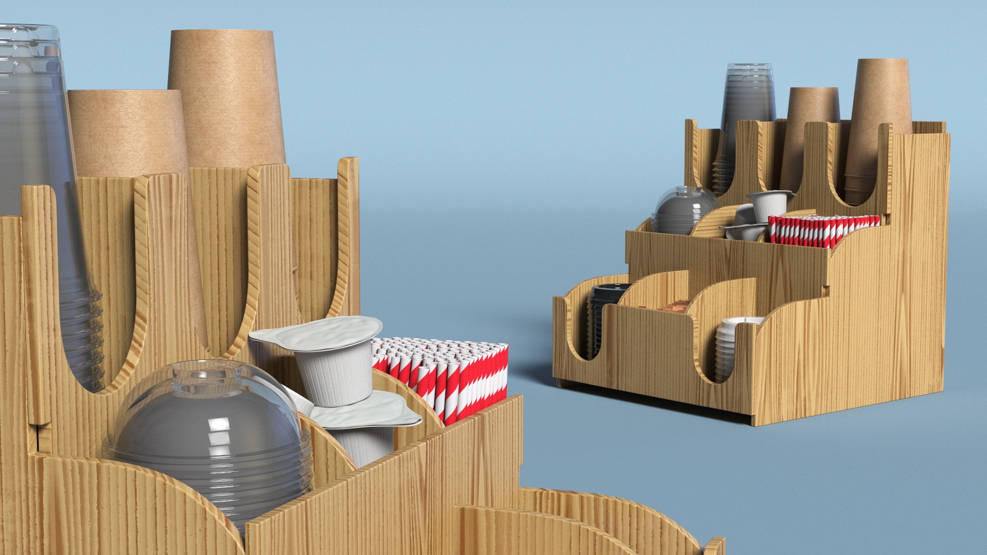 Coffee Station Organizer With Cups And Lids Wood Model - TurboSquid 2516749