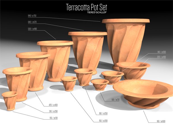 3d tiered scallop terracotta pots model