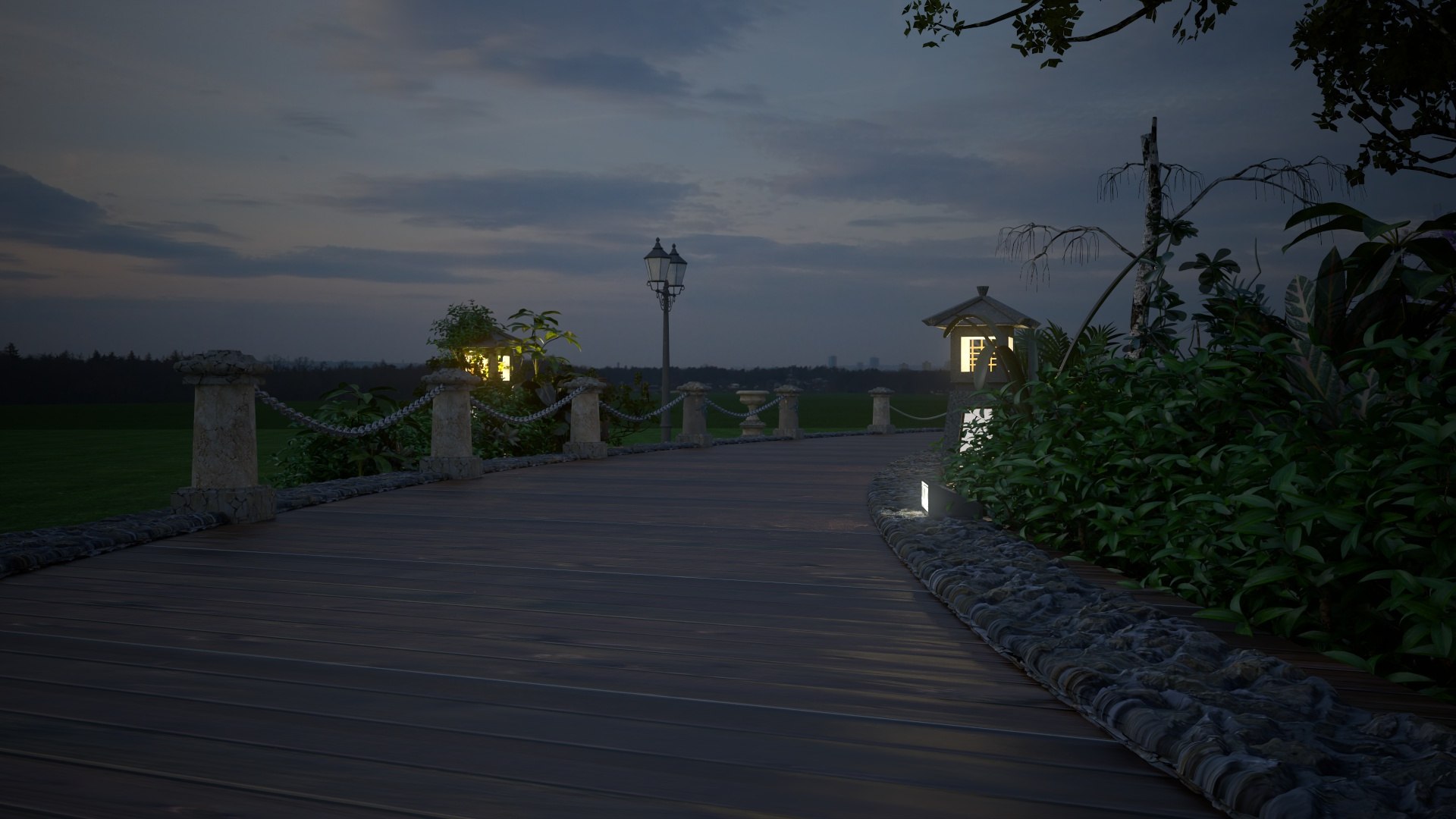 3D Park Path Under Street Lights At Dusk - TurboSquid 2099033