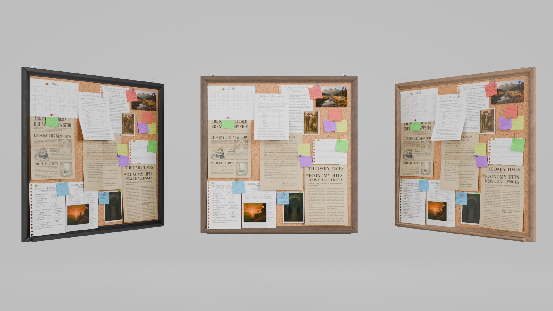 3D Classic Wooden Corkboard Trio - Customizable Wall-Mounted Pin Boards ...