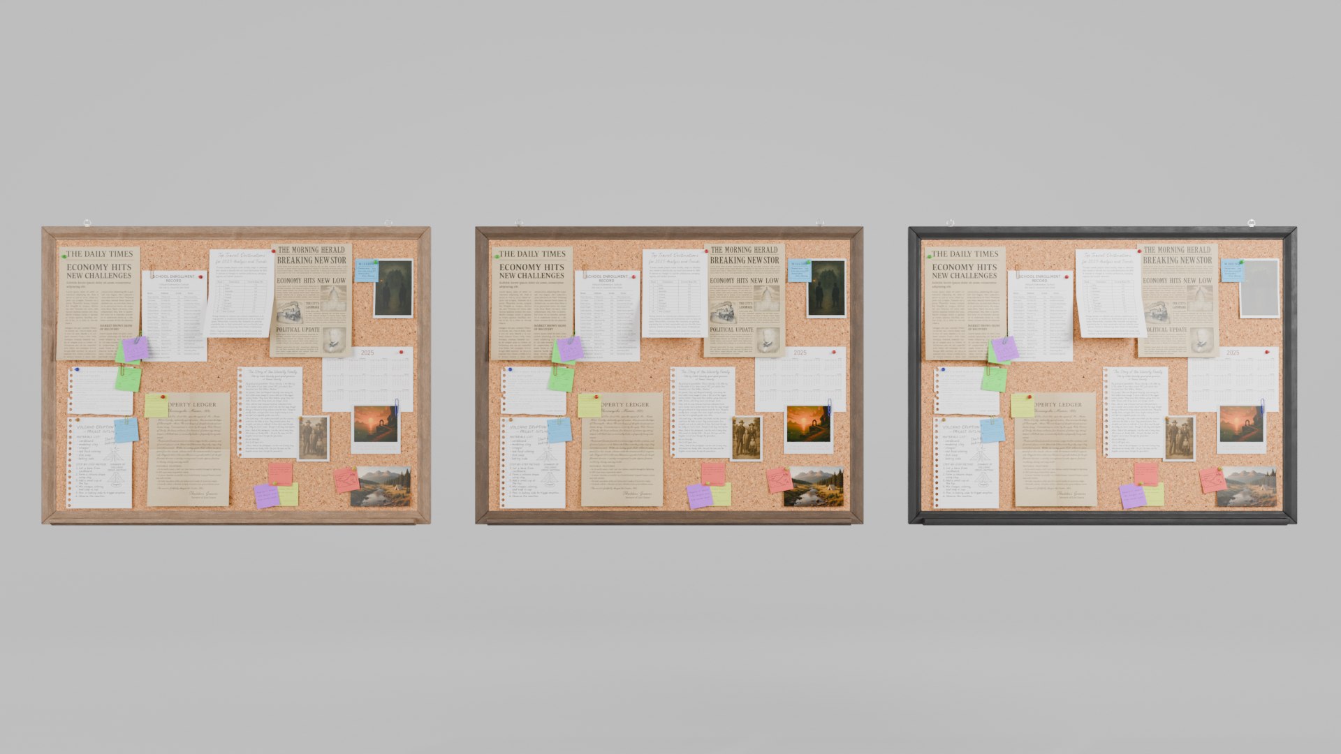 3D Classic Wooden Corkboard Trio - Customizable Wall-Mounted Pin Boards ...