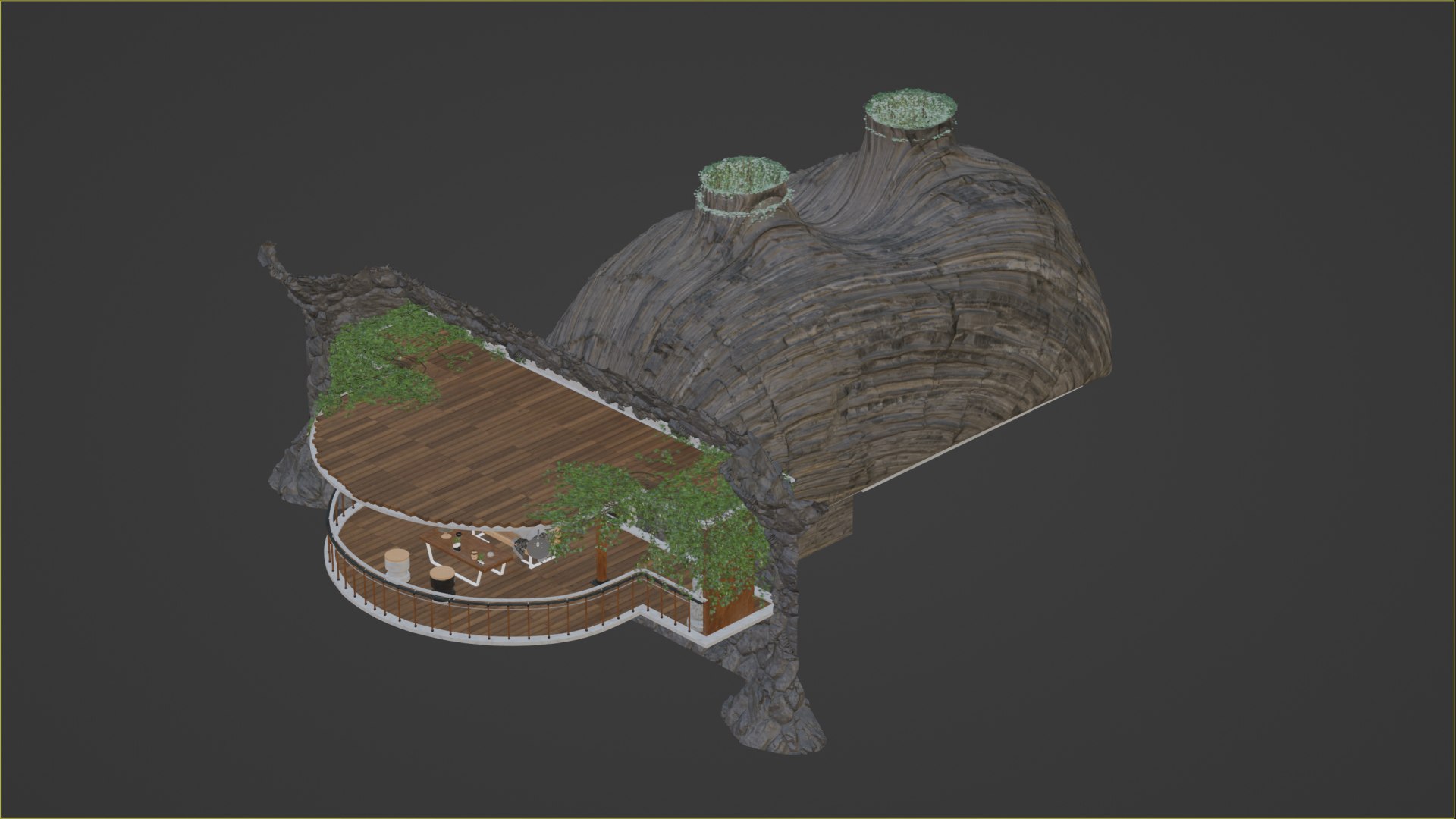 Mountainside Cave House Interior And Balcony Scene Model - TurboSquid ...