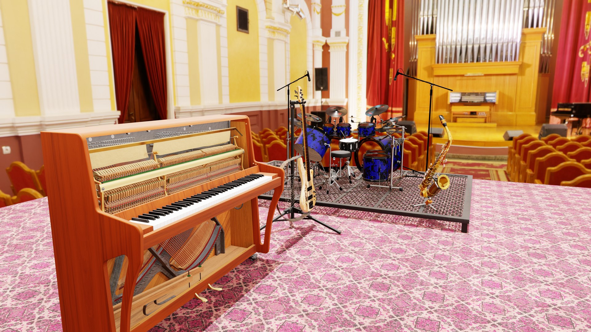 3D Realistic Music Instruments 3D Pack Piano Drums Guitar Saxophone ...