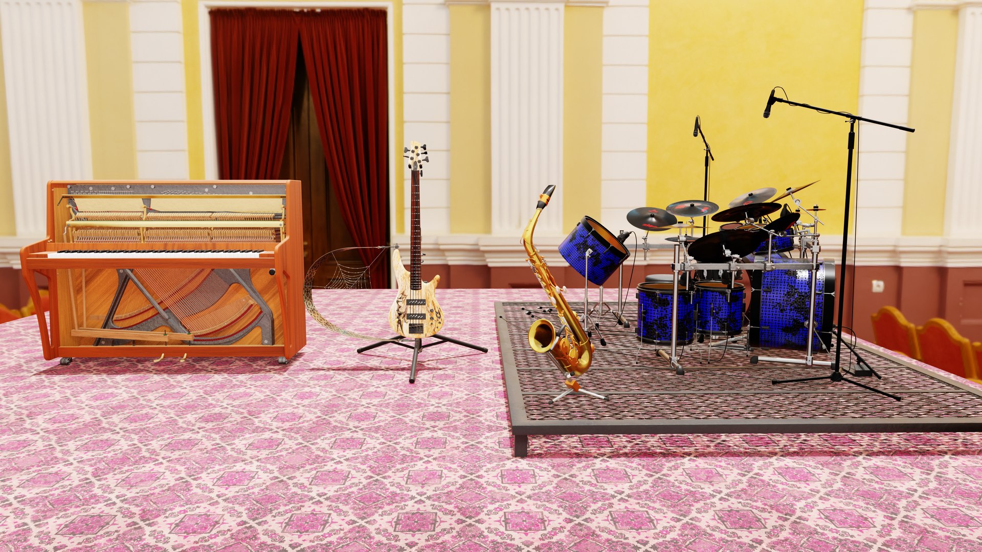 3D Realistic Music Instruments 3D Pack Piano Drums Guitar Saxophone ...