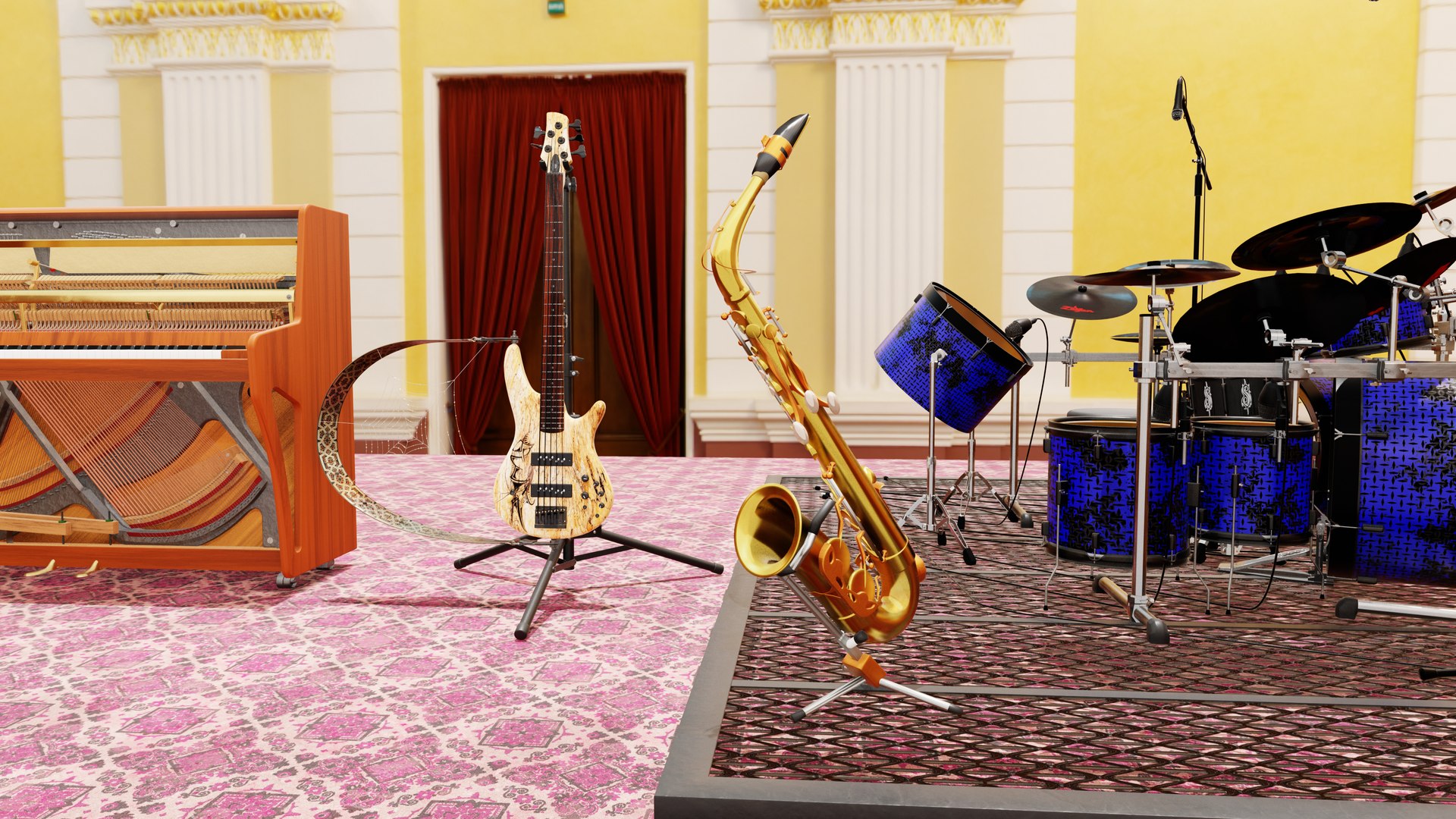 3D Realistic Music Instruments 3D Pack Piano Drums Guitar Saxophone ...