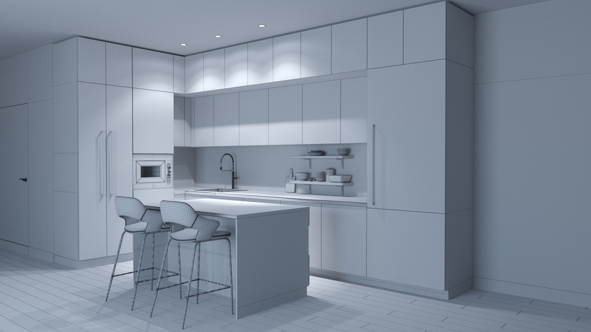 3D Modern Kitchen Island 3D Model Light Wood Facades Marble Countertop ...