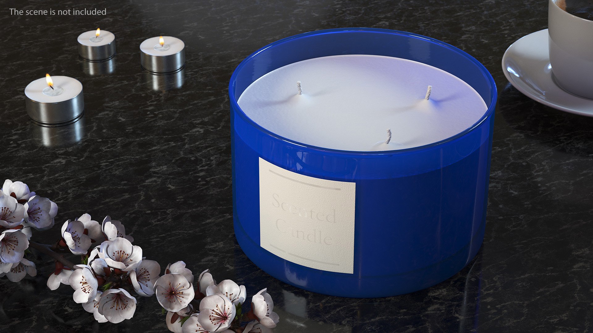 3D Model Scented Candle Blue With Label And 3 Wicks - TurboSquid 2215099
