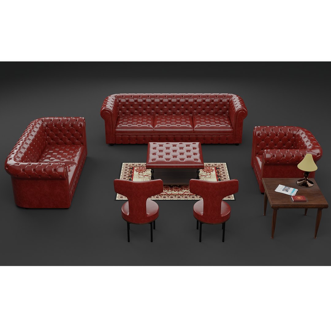 Chesterfield Realistic Leather Sofa Full Set 3ds Max 3D Model ...