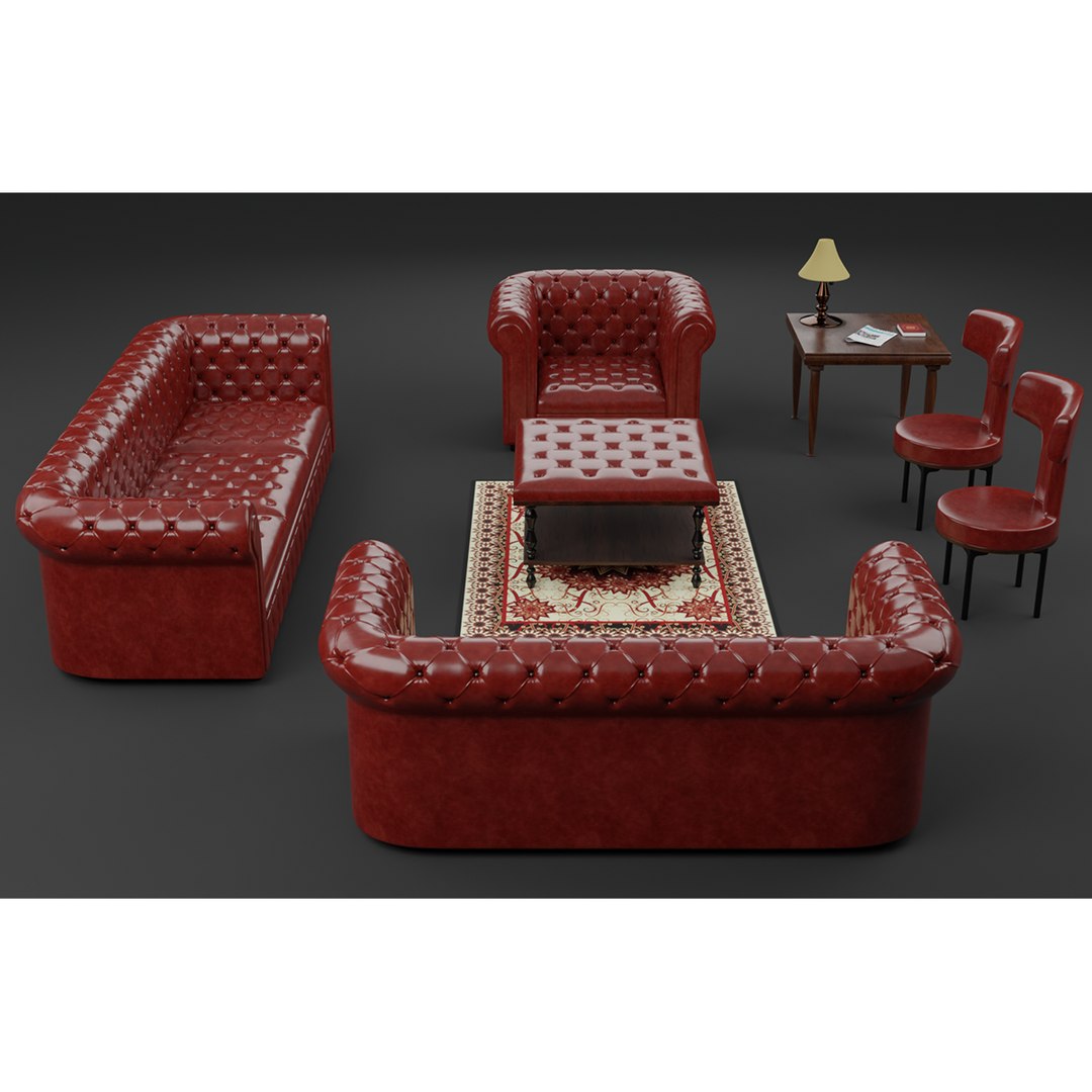 Chesterfield Realistic Leather Sofa Full Set 3ds Max 3D Model ...