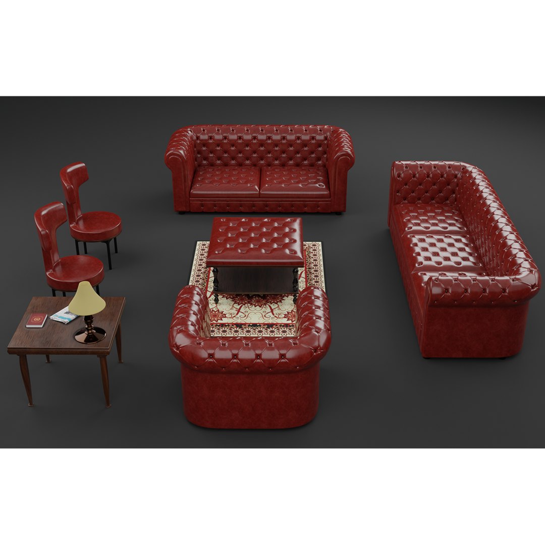 Chesterfield Realistic Leather Sofa Full Set 3ds Max 3D Model ...