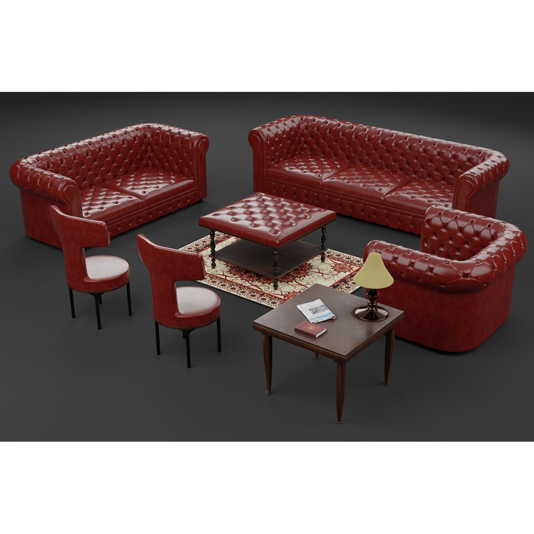 Chesterfield Realistic Leather Sofa Full Set 3ds Max 3D Model ...