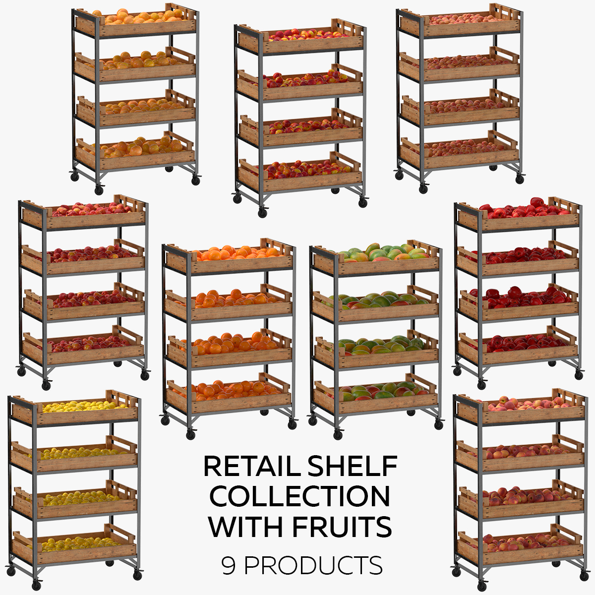 3D Retail Shelf 02 01 Collection with Fruits 9 Products model ...