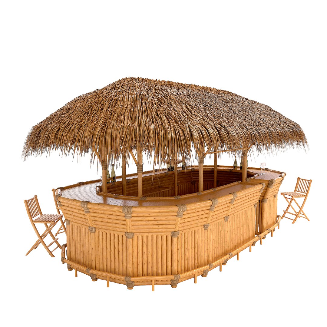 3D Thatched Bamboo Tiki Bar Oval With Chairs - TurboSquid 1885601