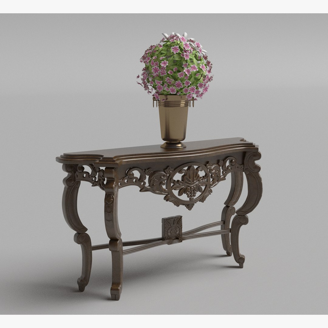 3D Antique Carved Console Table With Decorative Vase And Flowers Model ...