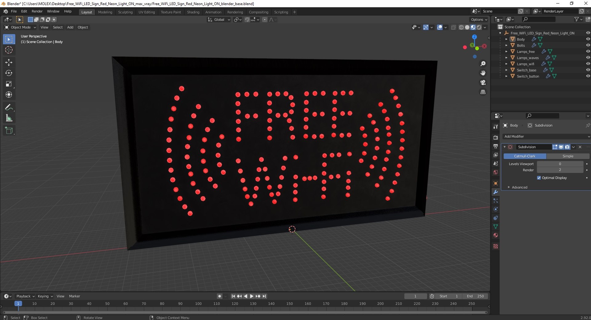 3D Free WiFi LED Sign Red Neon Light ON - TurboSquid 2106157