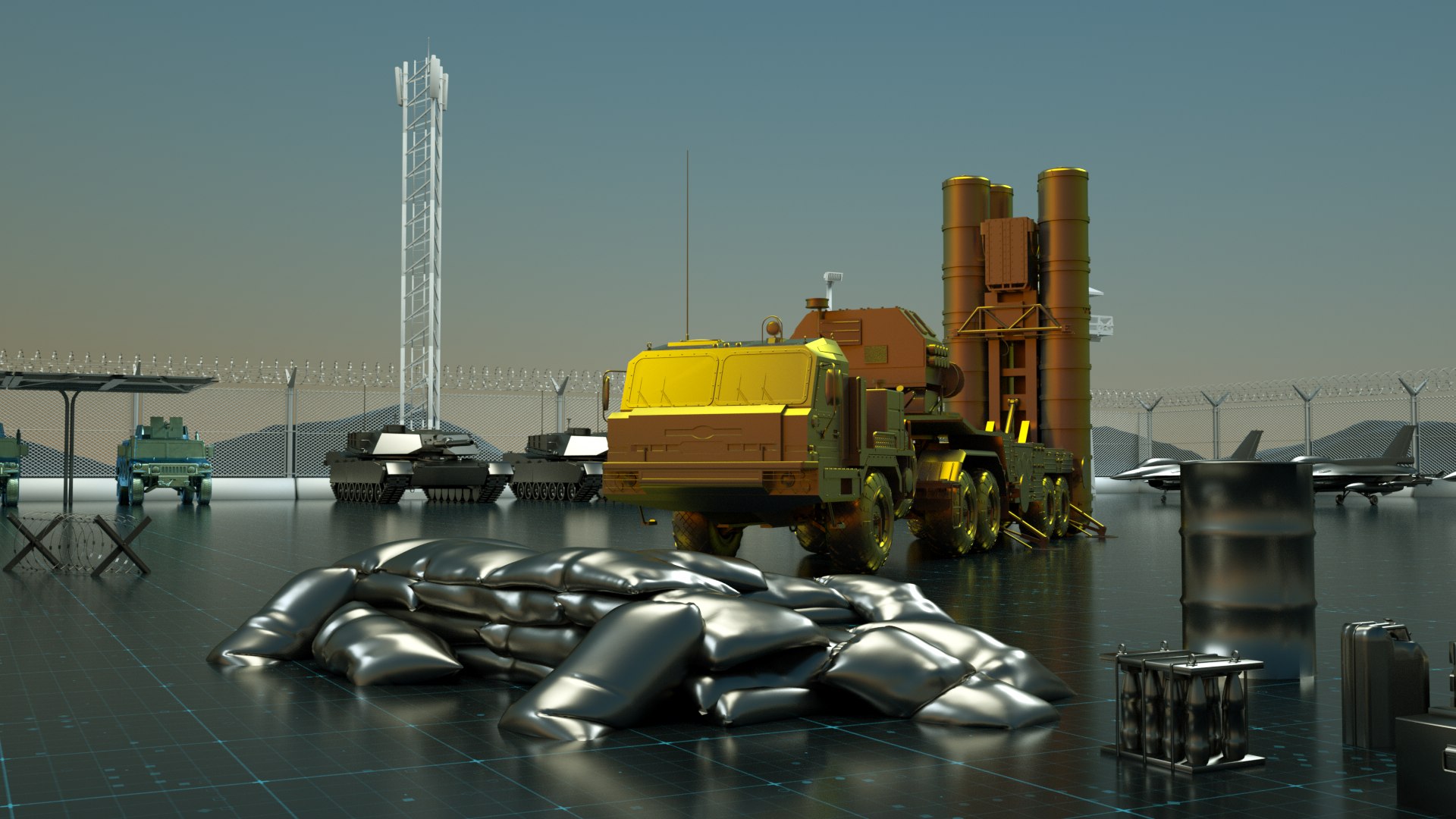 3D MILITARY CAMP FULL OF HUMVEE S400 JET AND TANK model - TurboSquid ...