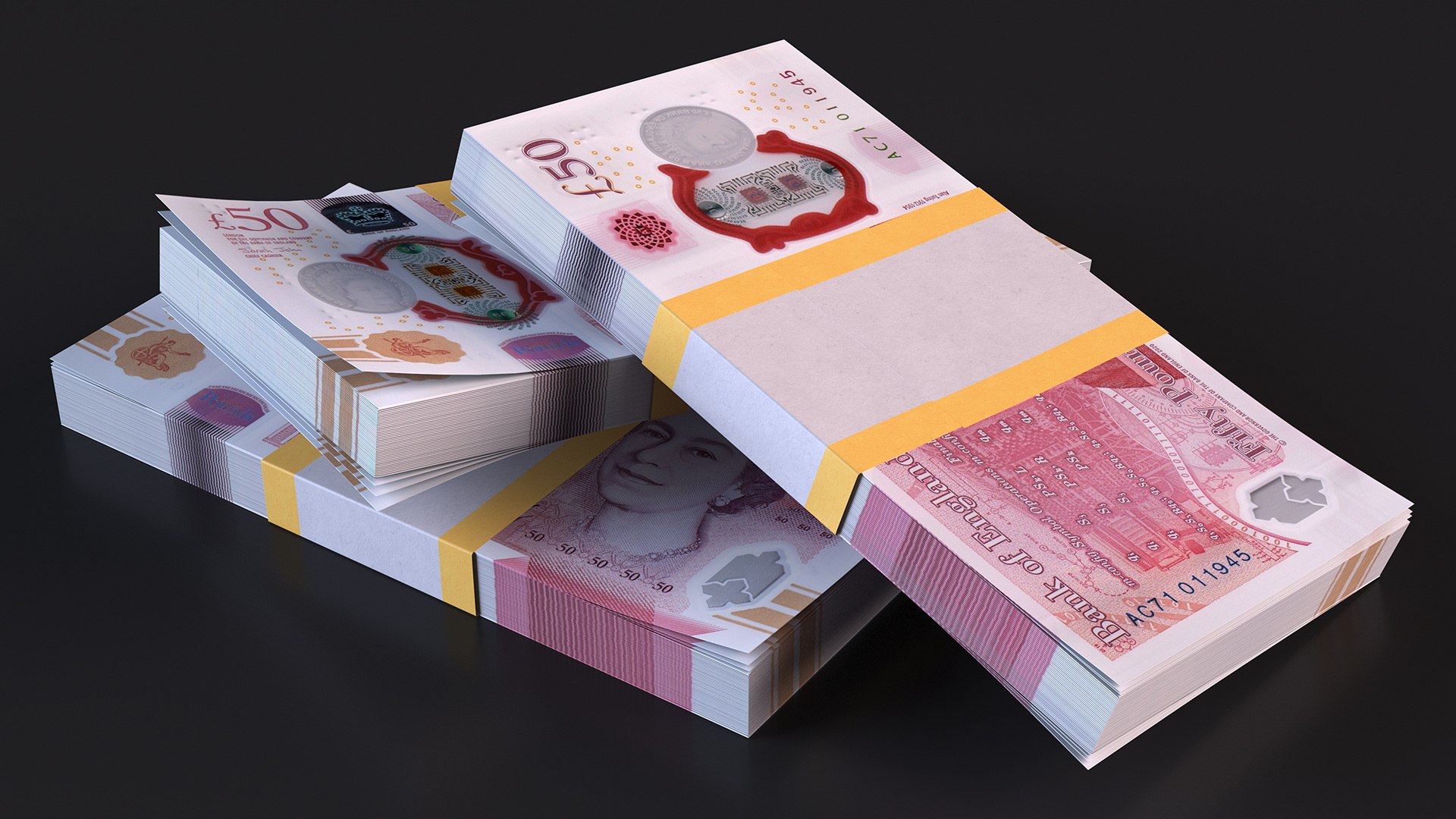 3D 50 Pounds Banknotes In Three Packs Model - TurboSquid 2148455